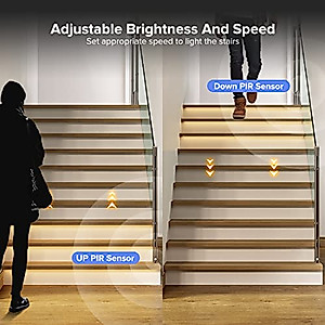 BTF-LIGHTING PIR Sensor Stair Light ES32 Controller Kit 3X16FT Custom FCOB LED Strip Length Fits All Widths of Stairs DC24V 3000K CRI 90+ 8mm Width Dimmable Uniform Light Multiple On and Off Modes