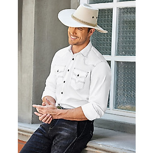 COOFANDY Mens Shirt Western Dress Long Sleeve Casual Cotton Button Down Denim Work, White, Medium, Long Sleeve