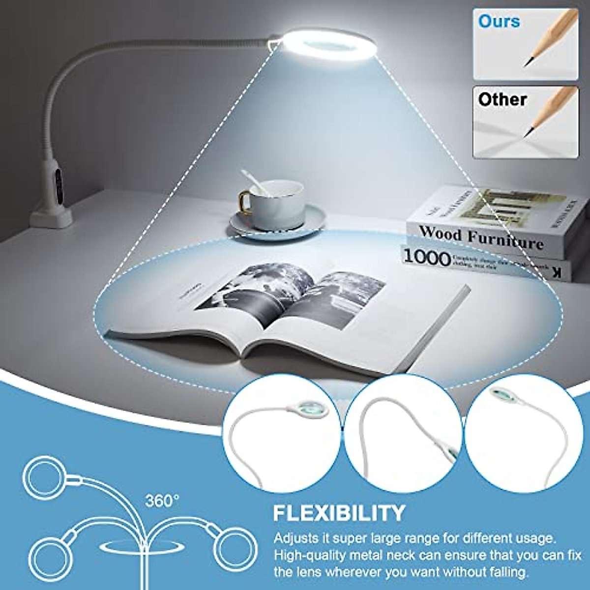 TOMSOO 26" Gooseneck Magnifying Lamp with Clamp, 5 Color Modes Stepless Dimmable LED Desk Light with Magnifying Glass, 5X Real Glass Lighted Magnifier Hands Free for Painting Close Work Craft Hobby