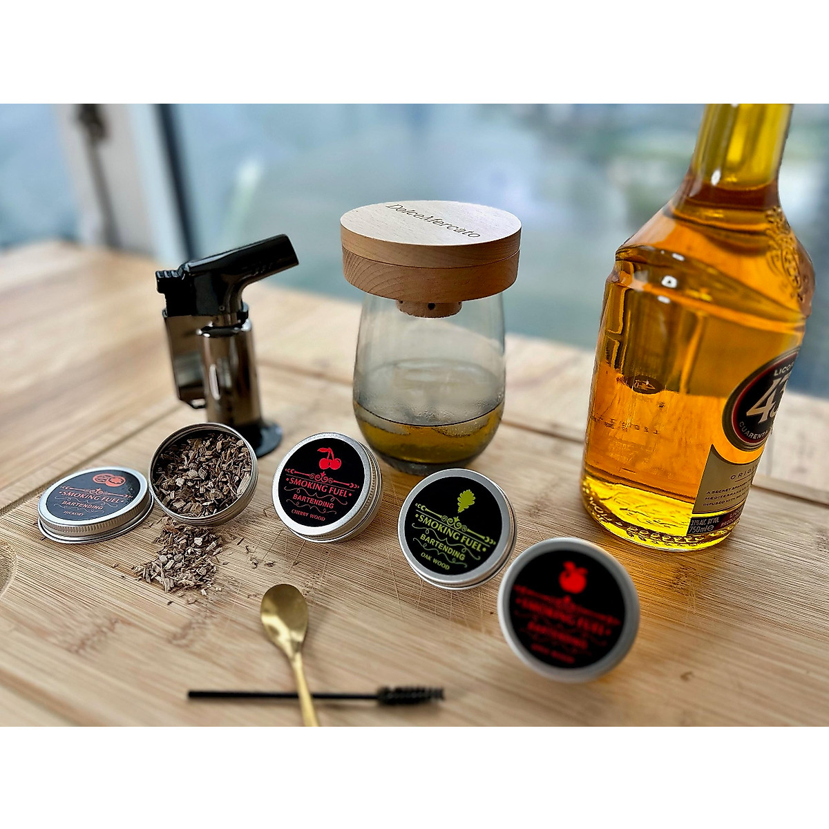 DolcheMercato Cocktail Smoker Kit with Torch – 4 Flavors Wood Chips Bourbon, Whiskey Smoker Infuser Kit, Old Fashioned Drink Smoker Kit (No Butane/Fuel)