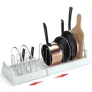 QTOP Expandable Pots and Pans Organizer, Pan Organizer Rack for Cabinet, with 10 Adjustable Compartments for Kitchen Cabinet Pot lid and Pan Cookware Baking Frying Rack,Bakeware Lid Plate Holder