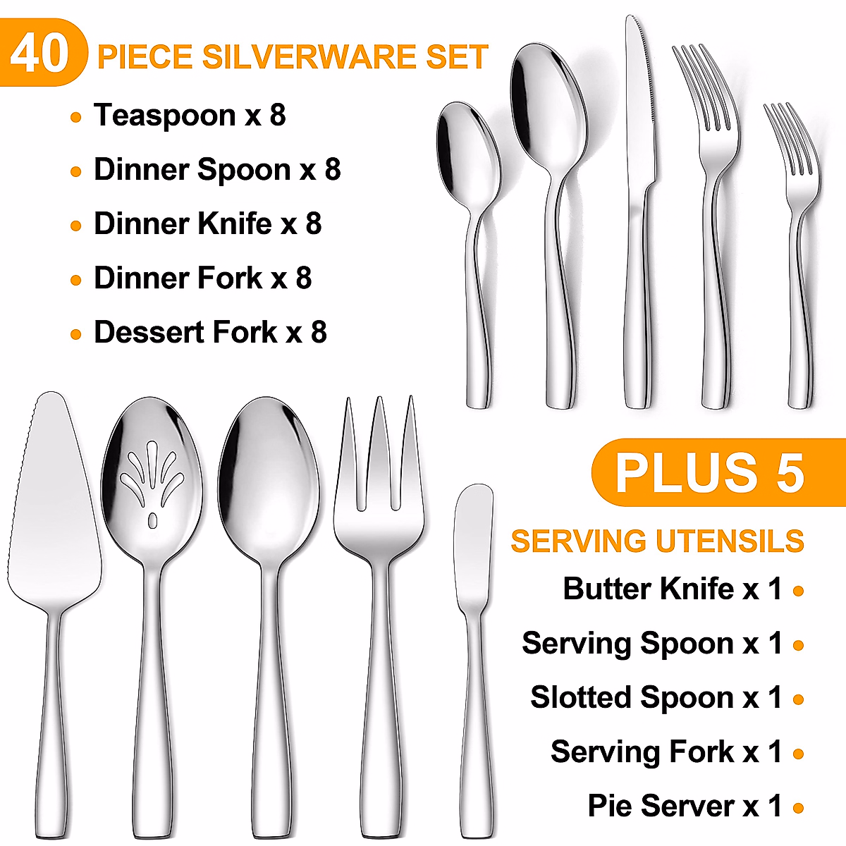 LIANYU Silverware Set, 45-Piece Flatware Set with Serving Utensils, Stainless Steel Cutlery Flatware Set for 8, Eating Utensils Tableware with Knife Fork Spoon, Mirror Finish, Dishwasher Safe