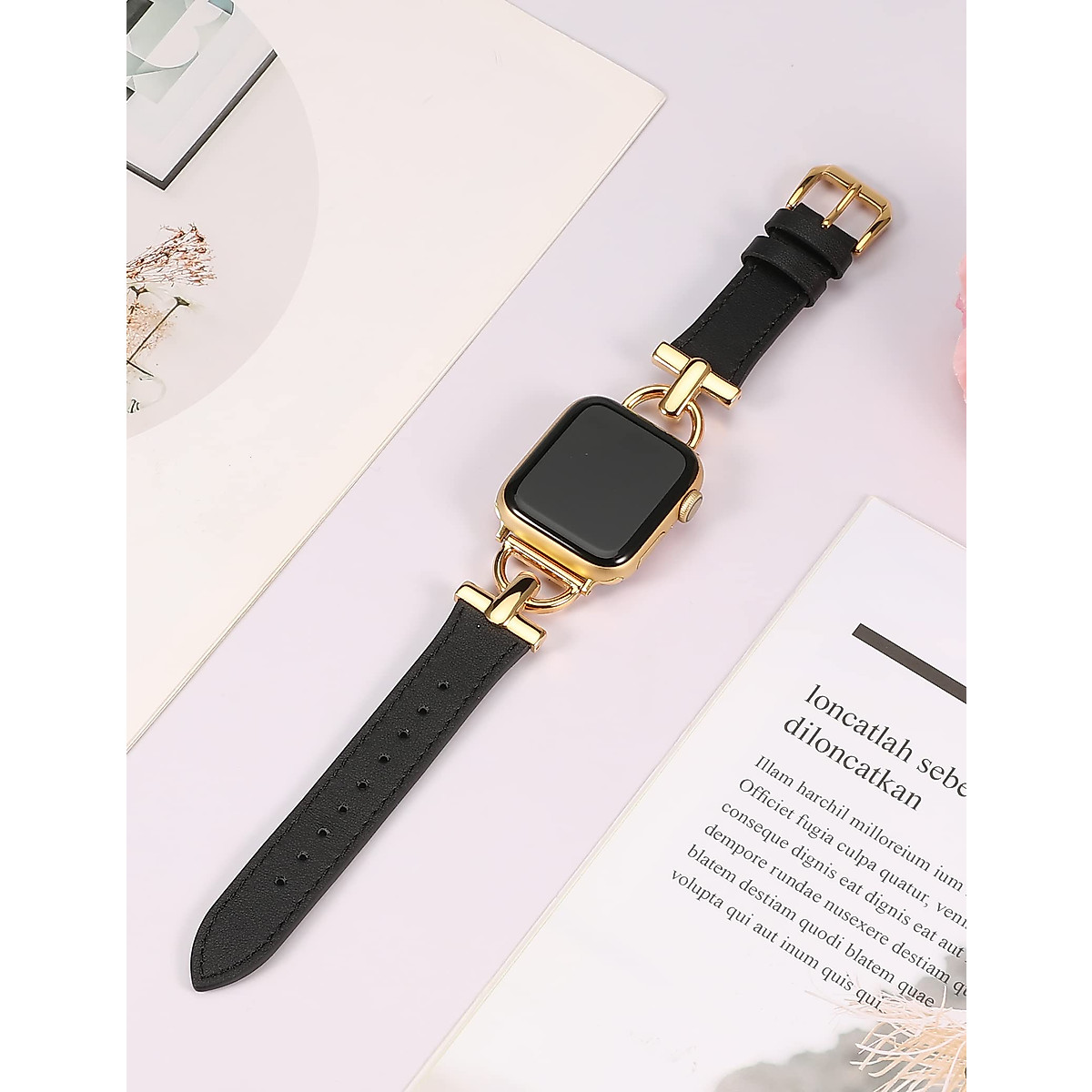 Wearlizer Leather Band Compatible with Apple Watch Band Women 42mm 44mm 45mm 49mm Ultra 2, Dressy Fancy Leather Strap Metal Buckle for iWatch Bands Series 9 8 SE 7 6 5 4 3 2 1 Black/Gold Buckle