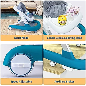 Foldable Baby Walker, 3 in 1 Toddler Walker Bouncer, Learning-Seated, Walk-Behind, Music, Adjustable Height, High Back Padded Seat, Detachable Trampoline Mat, Activity Walker with Toys (Blue)