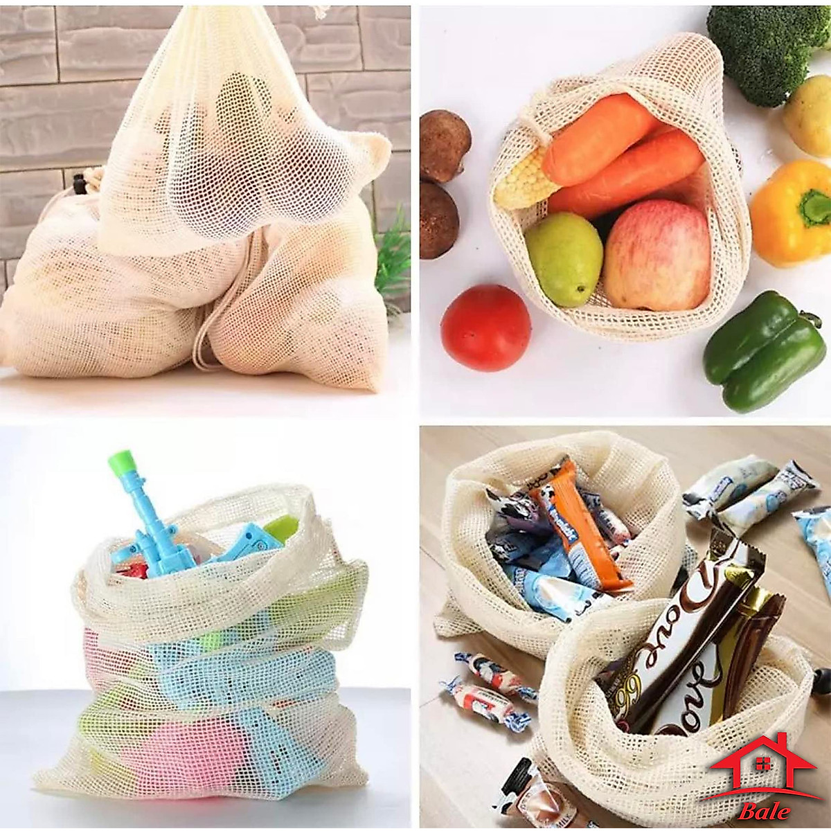 BaLe Set of 12 Reusable Produce Bag,Washable Reusable Organic Net Laundry Cotton Mesh Bag,Drawstring Bags for Grocery & Storage