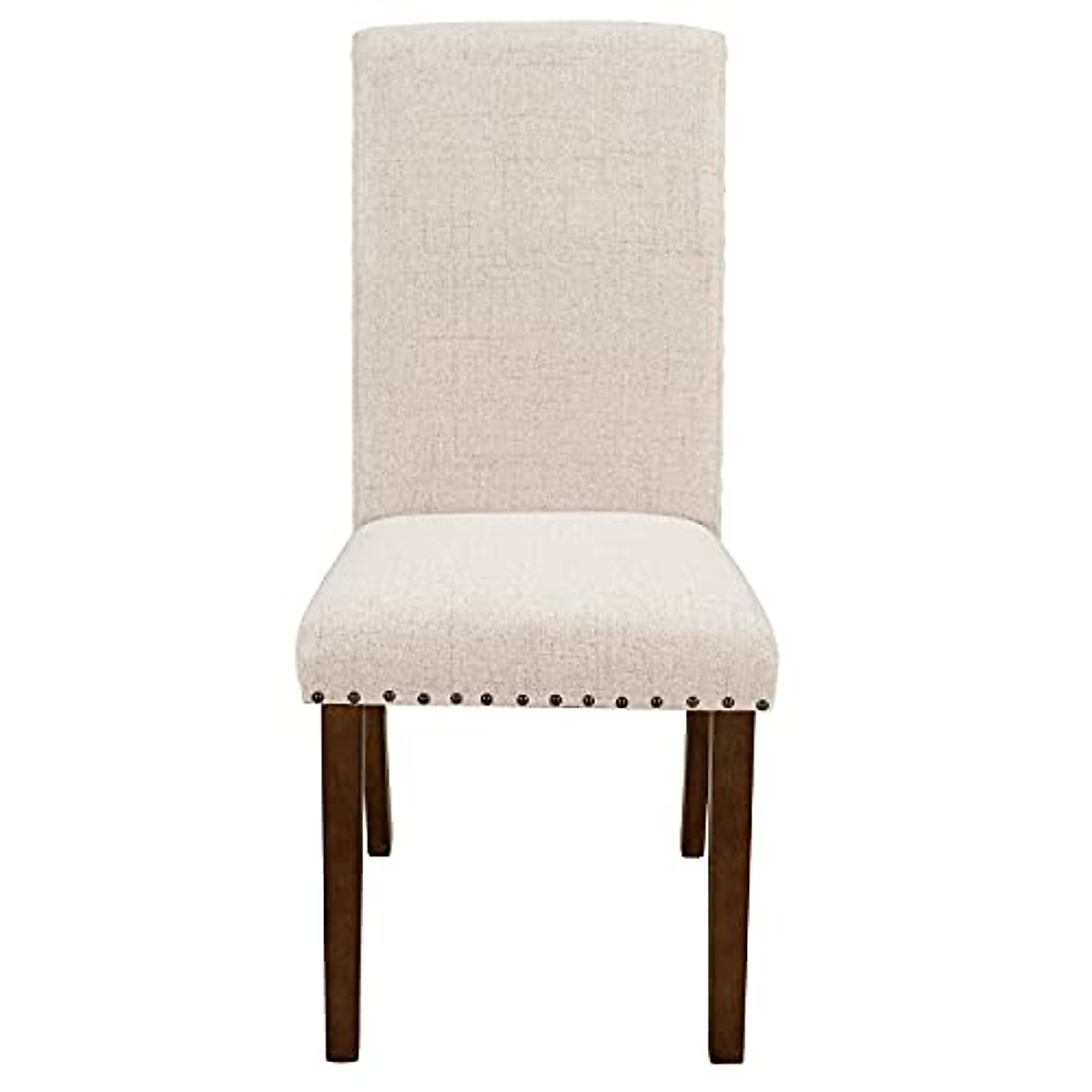 Winwee Dining Chairs with Copper Nails and Solid Wood Legs Upholstered Armless Dining Chair with High Back Upholstered Stools, Cotton-Linen Blend Fabric Set of 2 (Beige)