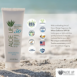 Aloe Up White Collection Sunscreen Lotion SPF 50 - Broad Spectrum UVA/UVB Sunscreen Protector for Face and Body - With Aloe Vera Gel - Alcohol-Free - Reef Friendly - Coco-Mango Fragrance - 4 Oz