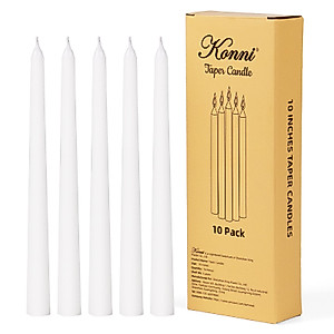 KONNI 10 Inch White Taper Candles, Unscented and Smokeless Tall Candlesticks, 10 Pack Tapered Candles with Cotton Wicks, Long Burning, Ideal for Weddings, Dinner Parties, and Home Décor