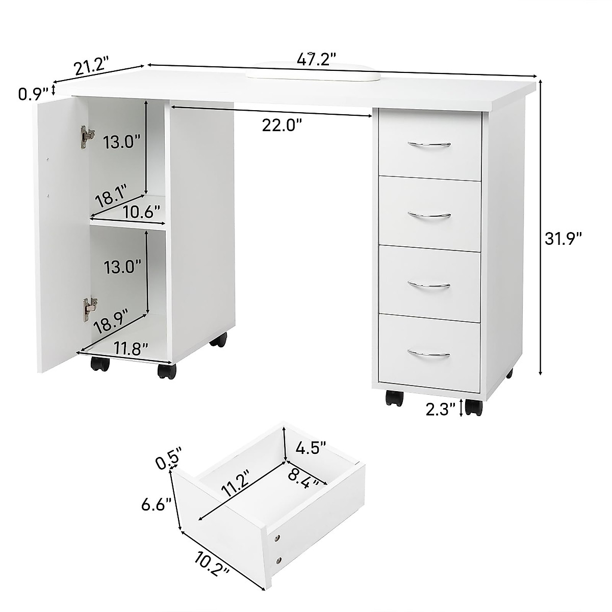Knocbel Computer Desk Manicure Nail Table with Four Drawers and A Cabinet, with Wheels for Flexible Use, Sturdy Wooden Construction, Large Storage Space, 47.2" L x 21.3" W x 31.9" H White