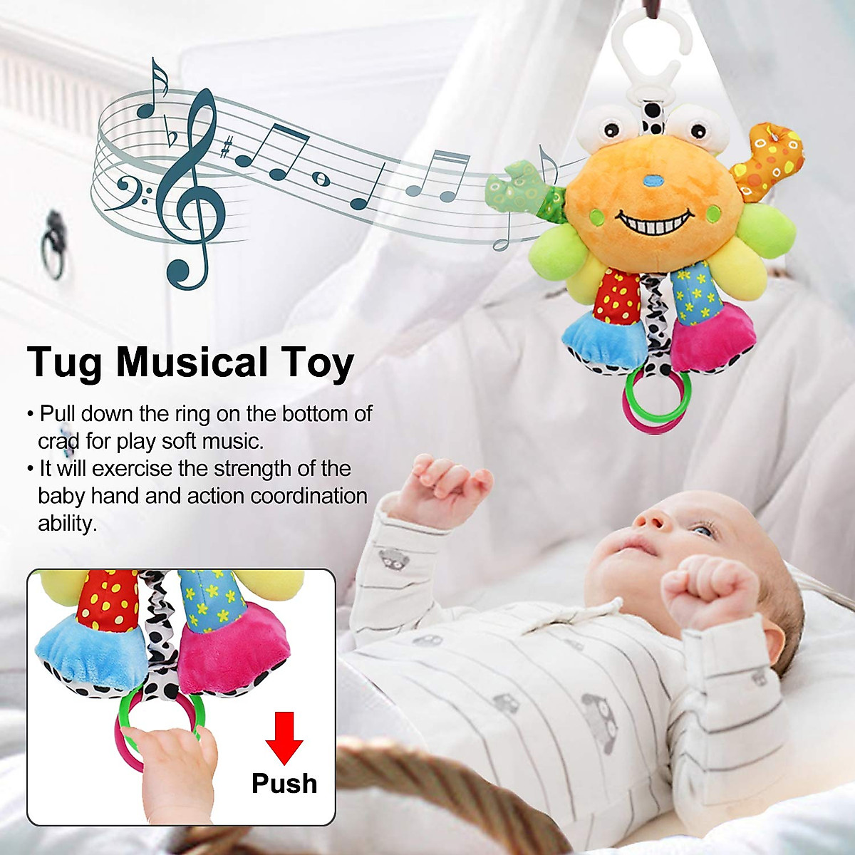 MARUMINE Baby Car Seat Toys with Tug Music, Infant Soft Plush Rattle, Early Development Hanging Stroller Toys for 0, 3, 6, 9, 12 Months Newborn Boys Girls Gifts