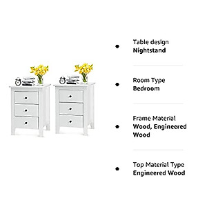 Safeplus Nightstand, Side Table with 3 Drawers, Bedroom Side Storage Cabinet Wooden End Table Accent Table Solid Wood Legs (White, 2 Pics)