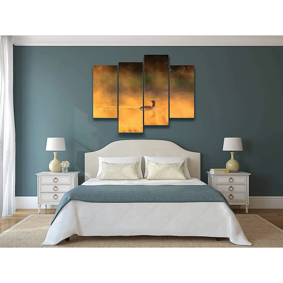 YKing1 red Throated Loon in Fog at Dawn Sunset Swims and Pictures Wall Art Painting Pictures Print On Canvas Stretched & Framed Artworks Modern Hanging Posters Home Decor 4PANEL