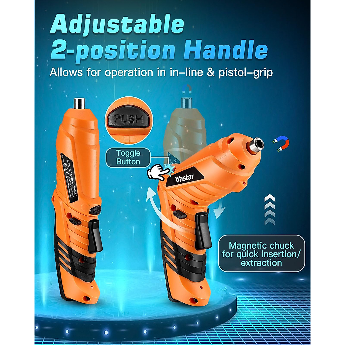 Vastar Cordless Electric Screwdriver Set, 48Pcs 3.7V Rechargeable Screwdriver Kit, Dual Position Handle, Battery Indicator, Flexible Shaft, LED Light