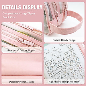 Large Grid Mesh Pencil Case 2 Compartments, Clear Pen Pencil Pouch with Zipper, Multifunction Transparent Stationery Bag for Student College Office Teen Boys Girls Makeup Bag for Adults Travel (Pink)
