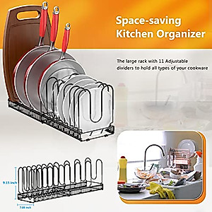 Pots and Pans Organizer, MUDEELA 11 Expandable Pot or Lid Holder, Organizer Rack for Cabinet with 11 Adjustable Dividers,Space-saving Kitchen Organizer Suitable for Pan Drawer, Counter Top, Cupboard