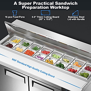 Coolski 60’’ W 2 Door Commercial Refrigerator, Refrigerated Sandwich Salad Prep Table with 16 Pans/Mega Top/Cutting Board, 18 Cu.Ft. Large Capacity Stainless Steel ETL NSF Approved