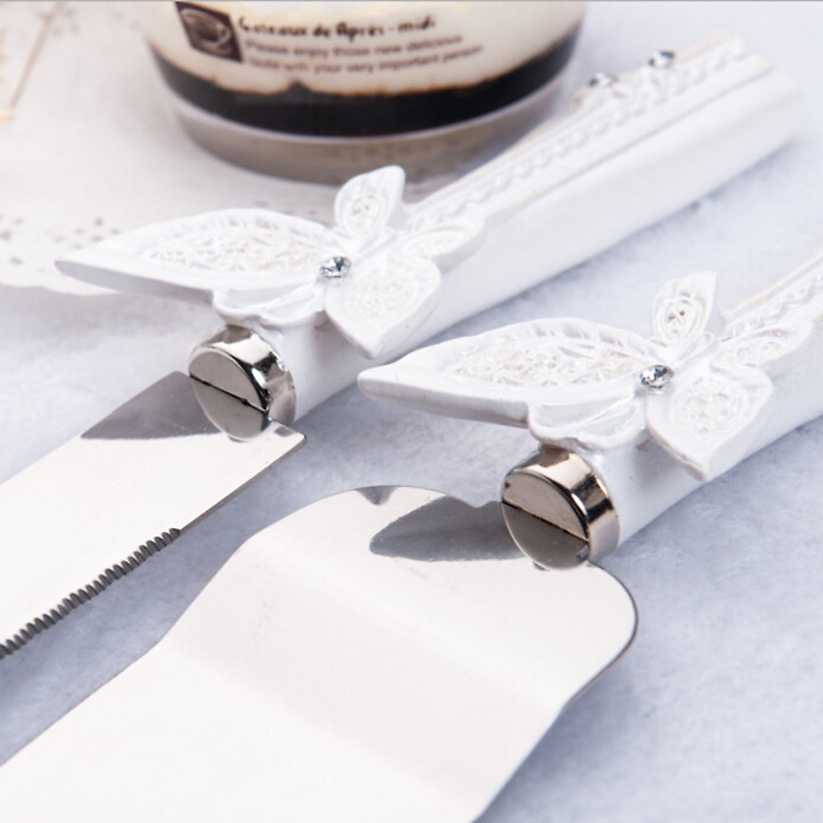 Cake Knife Server Set with Fashion craft Baroque, White Butterfly design, Elegant Stainless Steel Silverware for Personalized Weddings, Valentine's Day Birthdays, Christmas, New Year Party