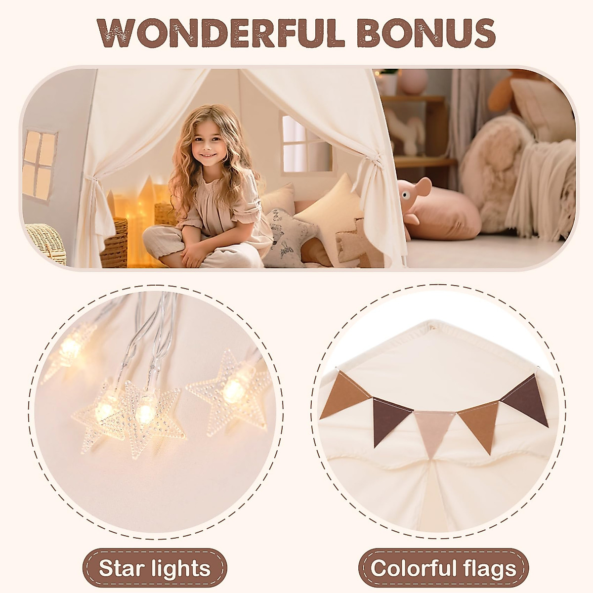 Large Kids Play Tent with Flags & Star Lights, Portable & Foldable Teepee, Bed Tent Bed Canopy for Boys & Girls, Indoor Outdoor Dome Tent Playhouse, Kids Birthday Gift, 51x39x51 in