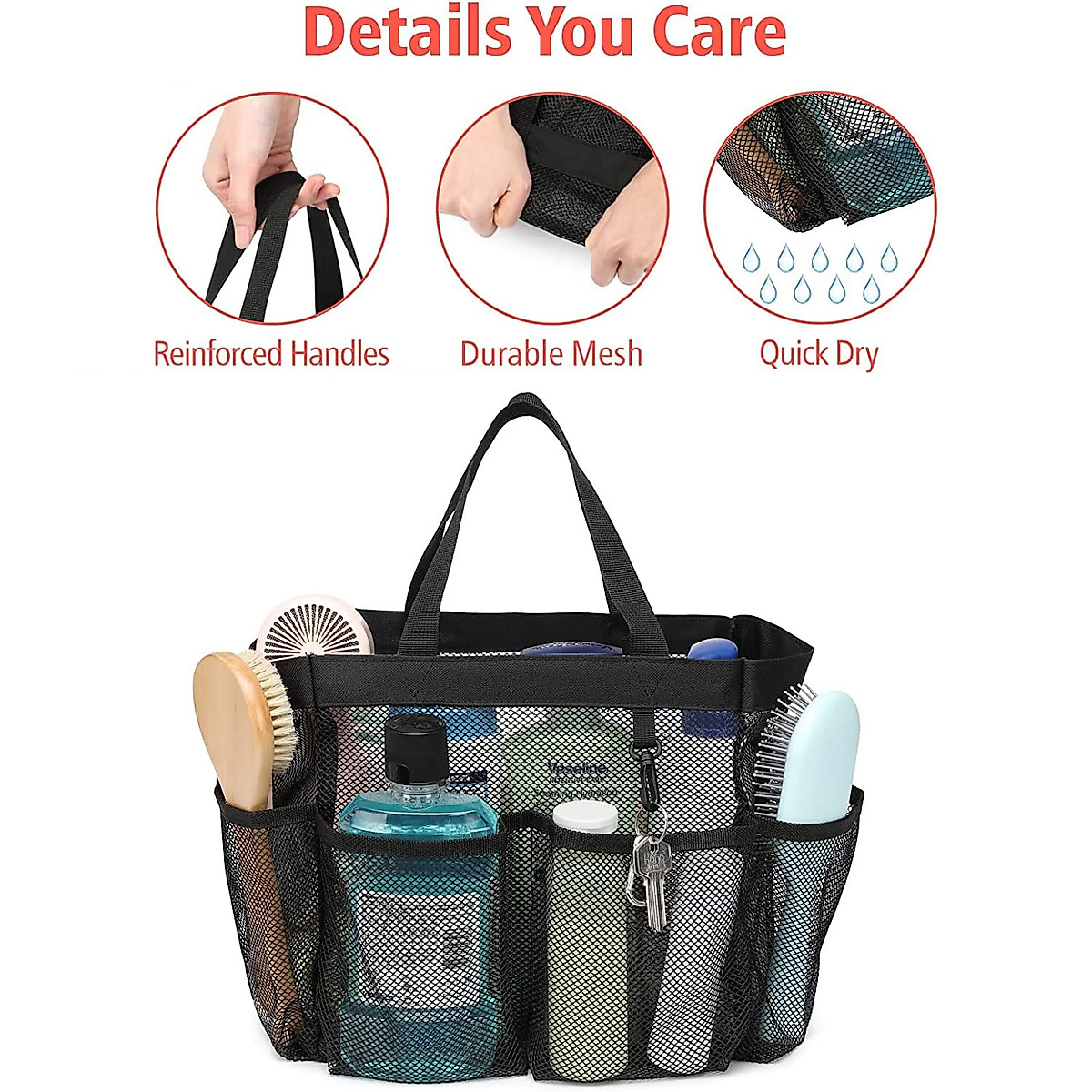 N-KONGJIAN Mesh Shower Caddy Basket for Bathroom, Beach, Swimming, Gym, Portable Shower Bag, Hanging Portable Toiletry Bag for Men and Women (Black)