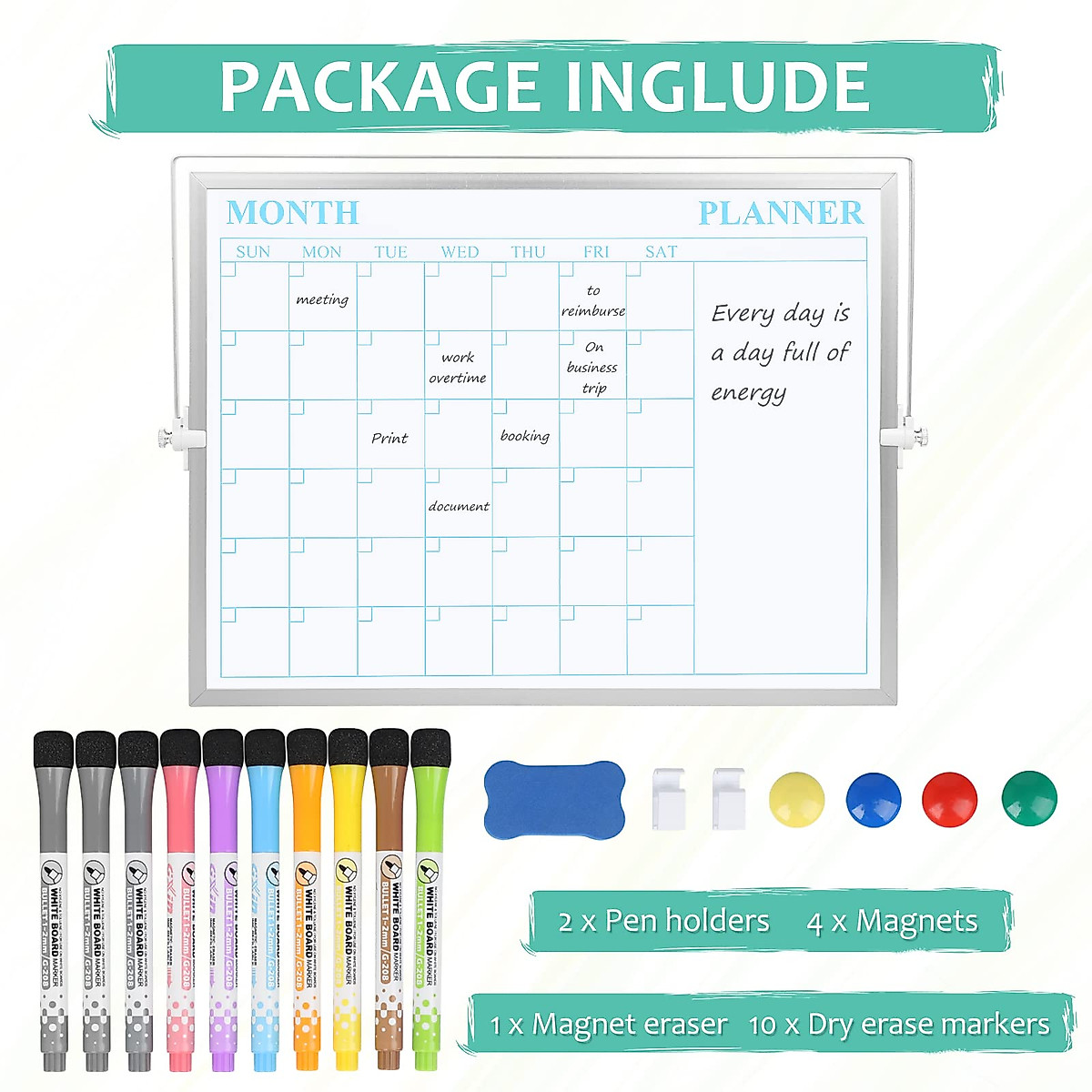 White Board, Jorking Dry Erase Calendar 16”x12” Magnetic Desktop Whiteboard with Stand, Monthly whiteboard for Wall Portable Double-Sided Dry Erase Board for Kitchen, Office, School, Gift idea, Silver