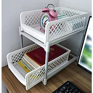 2 Tier Under Sink Organizer White Cabinet Slide Out Food Storage Shelves Vanity Bathroom Under the Sink Pull Out Home organizer with Sliding Baskets Cabinet Spice Rack for Kitchent Desk hegsymum