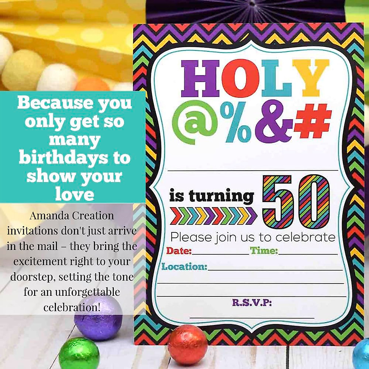 HOLY @% 50th Birthday Party Invitations, 20 Funny 5x7 Fill In Cards with Twenty White Envelopes for Milestone Birthdays by AmandaCreation