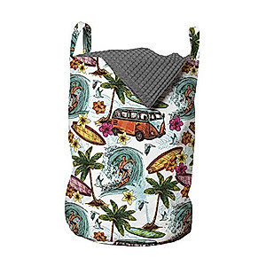 Ambesonne Ocean Organizer Fabric Hamber Basket Bag for Dorm & Laundry Room Organization Hawaiian Surfer Wavy Deep Sea Retro Palms Flowers Print Sturdy Handles Drawstring Closure 13" x 19" Multicolor