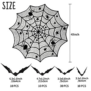 Beeager 5 Pack Halloween Spider Decorations Sets -Halloween Fireplace Mantel Scarf & Round Table Cover & Lace Table Runner & Cobweb Lampshade & 60 pcs Scary 3D Bat for Halloween Party Decors (1) (1)