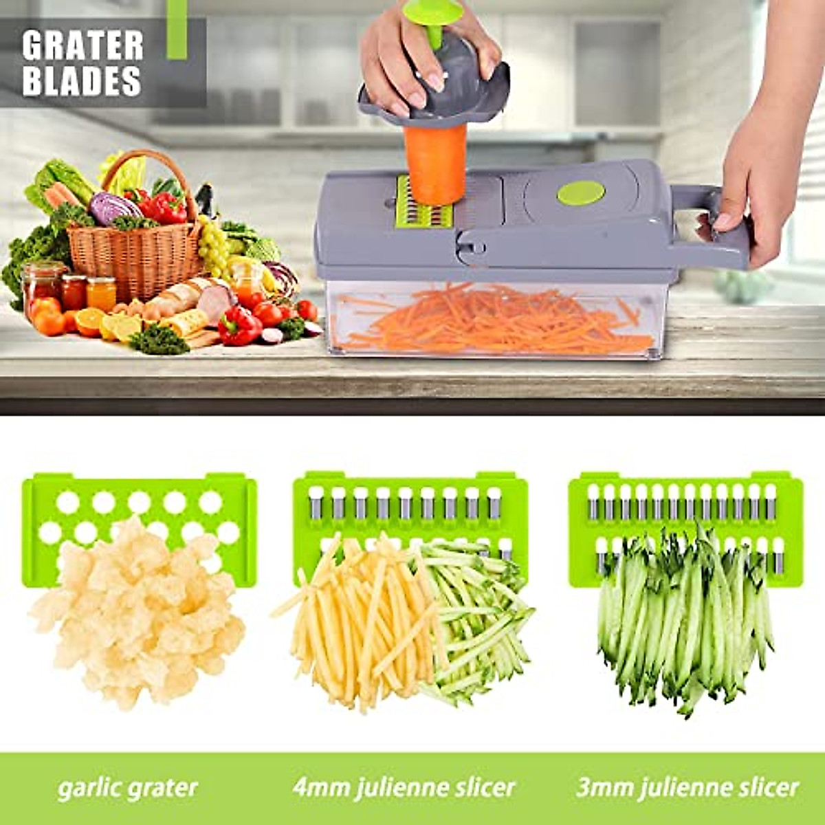 TeeFity Vegetable Chopper, Multifunctional Chopper Vegetable Cutter with 7 Interchangeable Blades, Mandoline Onion Dicer for Kitchen, Veggie Chopper Food Slicer with Container and Drain Basket