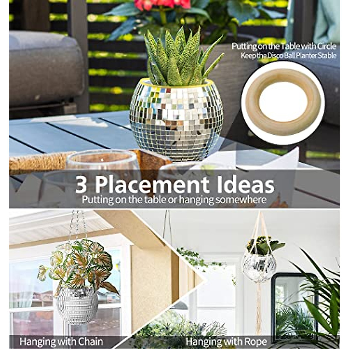 RUBY.Q Disco Ball Planter, 4"/6"/8" Silver/Rose Gold Disco Planter, Disco Ball Plant Hanger with Rope Chain Circle (8", Silver)