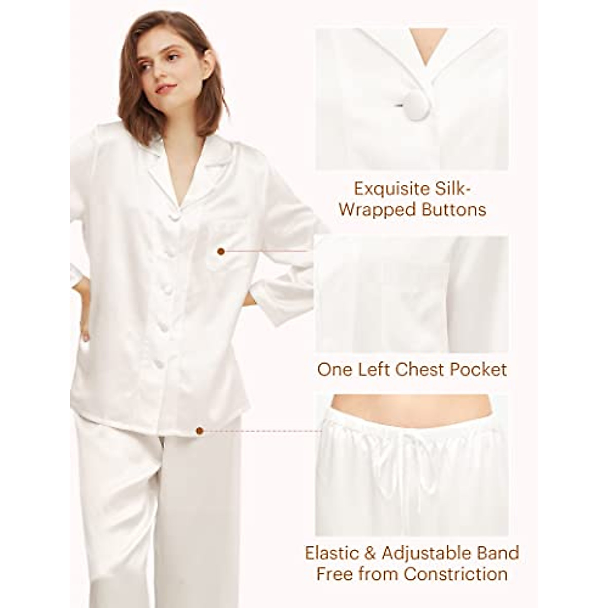LilySilk Silk Pajamas for Women Button Up Pajamas Set for Ladies Girls Soft Maternity Pajamas Birthday Bridal Party Gift for Christmas Anniversary Valentine's day, Natural White M