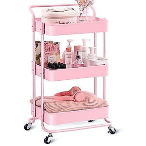 TOOLF 3 Tier Metal Rolling Cart, Utility Cart with Handle, Multifunction Storage Cart with Lockable Wheels, Serving Organizer Trolley with Mesh Basket for Kitchen, Bathroom, Office
