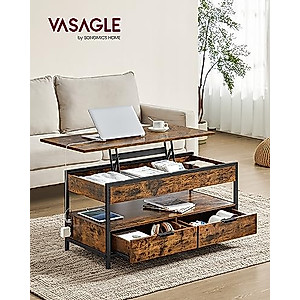 VASAGLE Lift Top Coffee Table with Storage Drawers and Charging Station, Coffee Table for Living Room with Lifting Top, Hidden Compartments and Open Shelf, Rustic Brown and Ink Black ULCT206B01