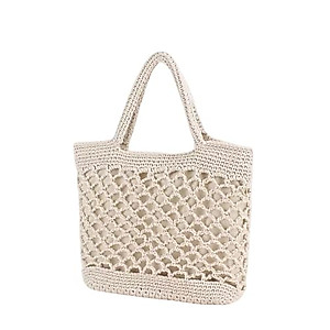 WIGUYUN Cotton Crochet Shoulder Bag Casual Tote Handbag Hollow Out Bohemian Top Handle Purse,White