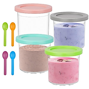 Widousy 4 Pcs Ice Cream Pints Cup, Creami Pints with Lids, Compatible with NC300, NC301 AMZ Series Ice Cream Makers, Color Lids (Blue, Pink, Green, Grey