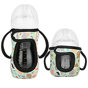 Beautyflier Set of 2 Glass Baby Bottle Sleeves with Double Handles Adjustable Sleeves Neoprene Holder for Philips Avent Natural 4oz-5oz, 8oz-9oz and More (Land Animals)