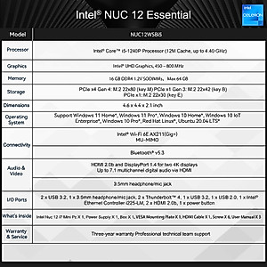 Intel NUC 12 Pro Business Mini Desktop, Intel Core i5-1240P (12C/16T, Up to 4.4GHz) Mini Pc, 16GB DDR4 RAM 512GB PCIe 4.0 NVMe SSD, 8K/HDR/WiFi 6E/BT5.3/7x24 Hours Quiet Operation/Windows 11 Pro
