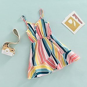 BemeyourBBs Toddler Baby Girl Summer Dress Spaghetti Strap Striped Ruffle Trim Beach Dresses(Striped Pink,4-5T)