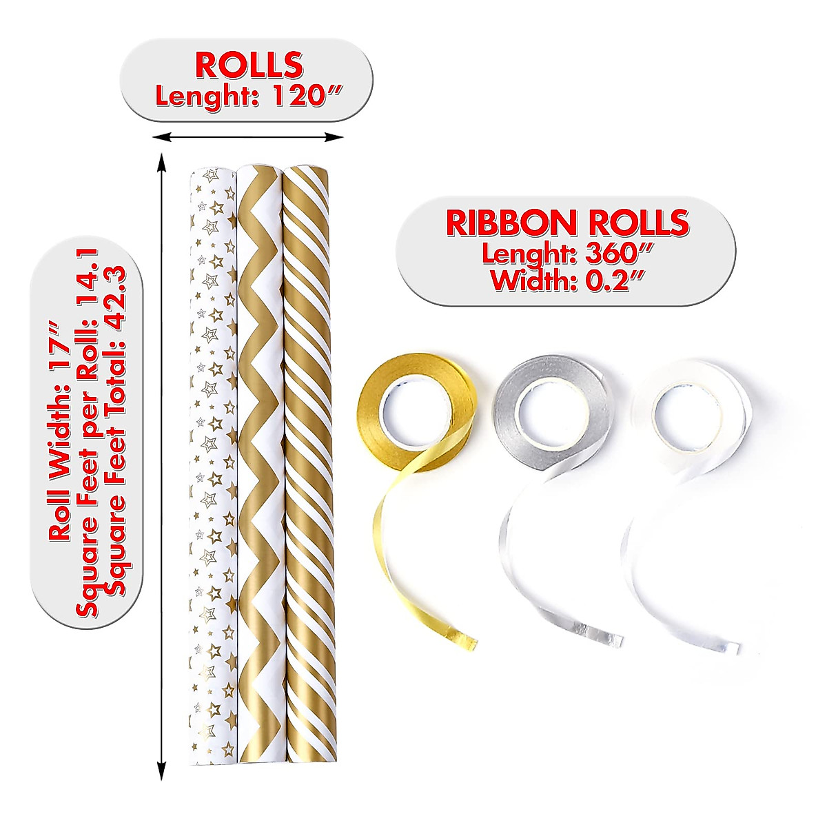 Packanewly Wrapping Paper Set - 17 inch x 120 inch White Gold Designs Mini Roll with Ribbon and Tag Stickers (3-Pack, 42.3 sq.ft.ttl.)