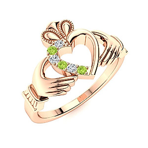 2MM Heart Shape Natural Peridot Gemstone 925 Sterling Silver Irish Claddagh Ring (Rose Gold Vermeil, 11)
