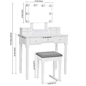 ANWBROAD Makeup Vanity Desk Vanity Set with Lighted Mirror Makeup Vanity Desk Table Set Large 8 LED Bulbs Frameless Mirror 3 Colors Modes Dimming 7 Drawers Cushioned Stool 3 Dividers White UBDT03W