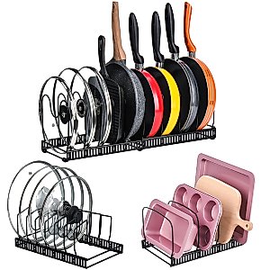 Toplife Adjustable 10+ Pans Organizer Rack + 7+ Lids Organizer Rack + 10+ Bakeware Organizer Rack for Kitchen Cabinet and Counter, Black