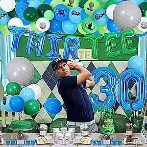 Golf 30th Birthday Decorations for Men, Thir-Tee Balloon Garland Kit with Glitter Thirtee Cake Topper, Golf Ball Balloons, Number 30 Balloon, Sports 30th Birthday Party Supplies