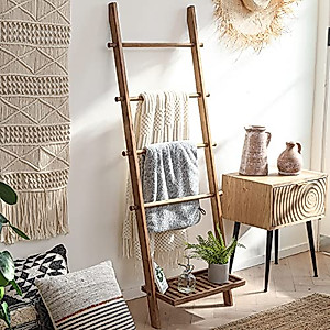 FUIN 5ft Wood Blanket Ladder with Bottom Shelf Decorative Wall Leaning Towel Rack Bathroom Storage Quilt Display Holder Rustic Farmhouse, Light Brown
