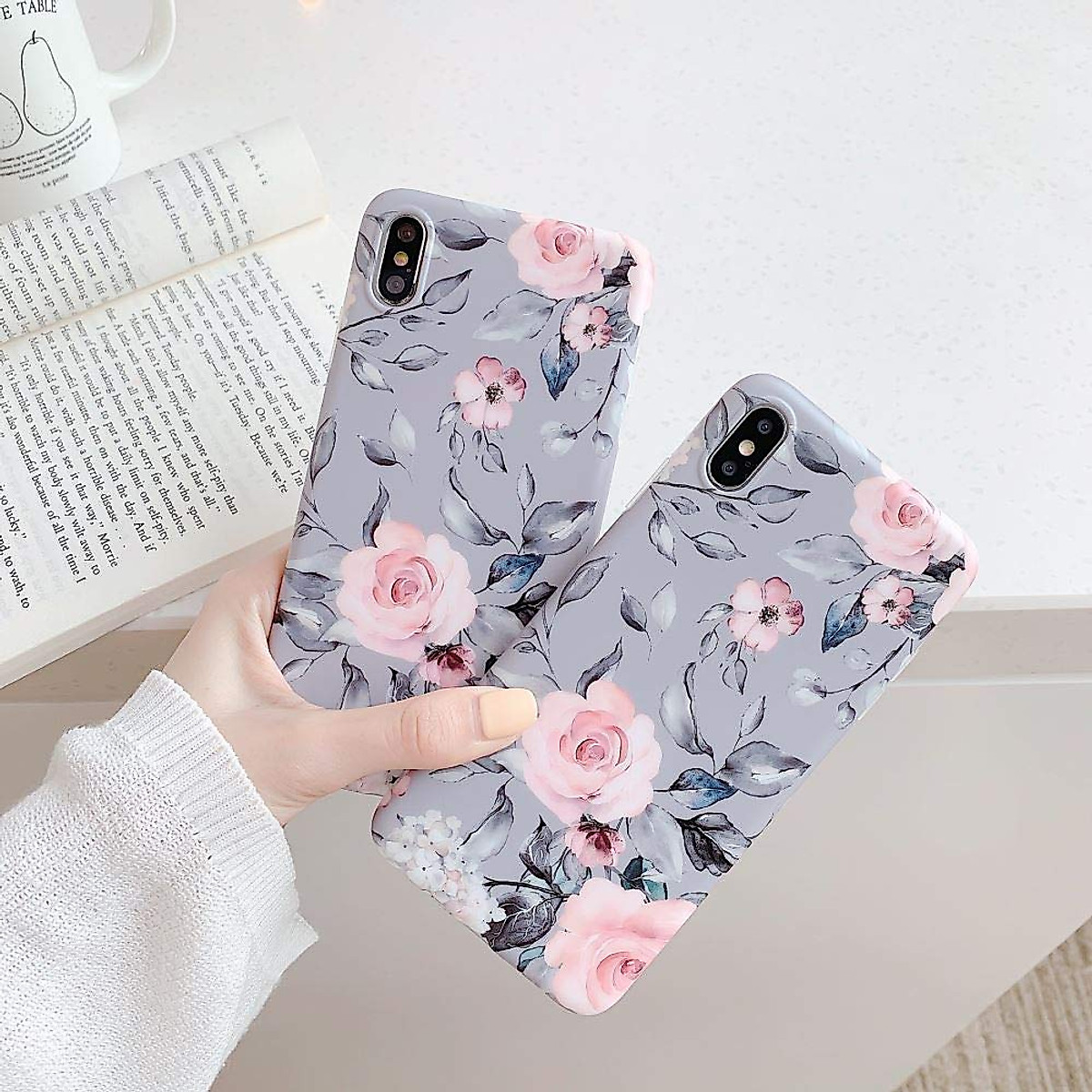 YeLoveHaw for iPhone Xs Case for Girls, Flexible Soft Slim Fit Full Protective Cute Shell Phone Case Cover with Purple Floral and Gray Leaves Pattern for iPhone X/XS 5.8 Inch (Pink Flowers)