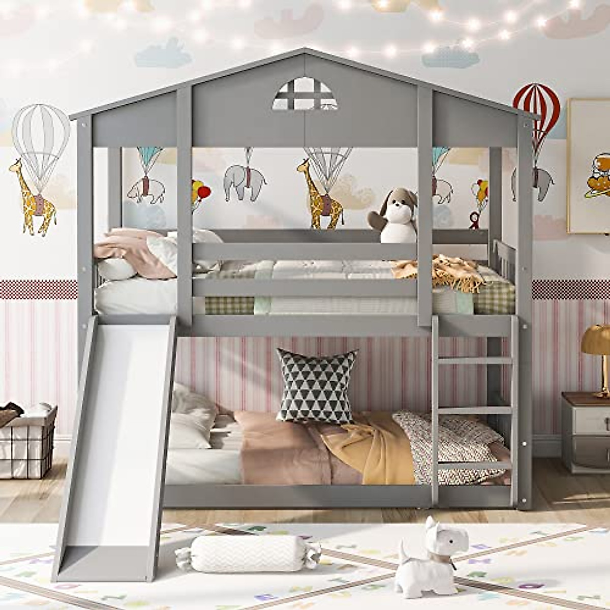 Polibi Twin Over Twin Bunk Bed with Convertible Slide and Ladder, Can be Converted into 2 Solid Wood House Platform Bed with Roof and Guardrail, Grey