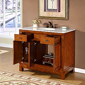 Silkroad Exclusive HYP-0911-CM-UWC-42 Countertop Cream Marble Stone Single Sink Bathroom Vanity with Bath Cabinet, 42", Medium Wood