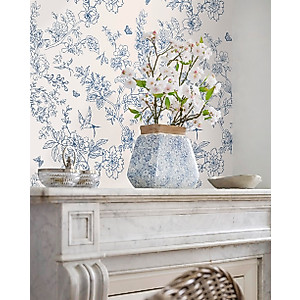 Froluya Vintage Floral Wallpaper Peel and Stick Wallpaper 118"x17.7" Removable Boho Peel and Stick Wallpaper Self Adhesive Wall Paper for Bedroom Cabinets Shelf Liner Vinyl Roll,Cream White and Blue