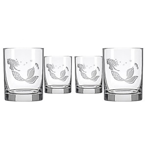 Rolf Glass Mermaid Double Old Fashioned Glass 13 ounce - Whiskey Glass Set of 4 – Lead-Free Glass - Etched Whiskey Tumbler Glasses - Made in the USA