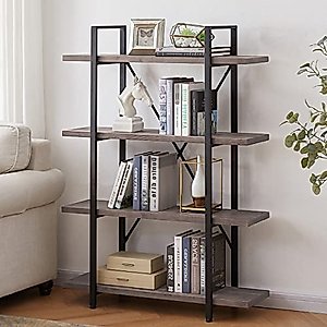 IBF Solid Wood Bookshelf, 4 Tier Natural Real Wood Bookcase, Modern Rustic Industrial Open Book Shelf, Tall Farmhouse Wooden Etagere Bookcase for Office Living Room Bedroom, Distressed Grey and Black